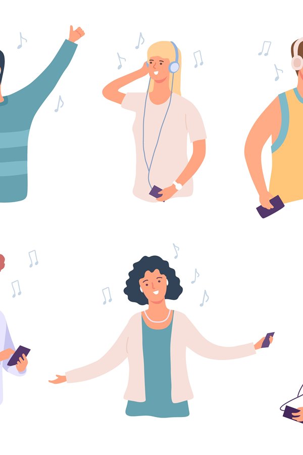 People listen music. Happy man and woman in headphone dancin