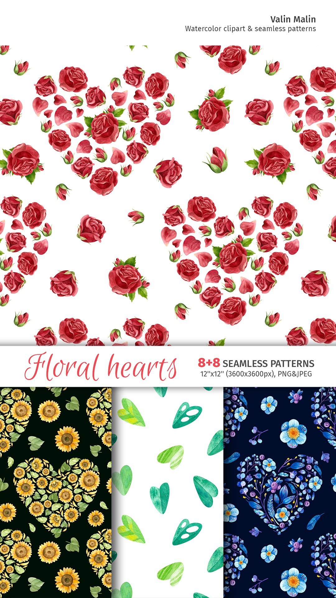 Floral Hearts Seamless Patterns with Watercolor Flowers