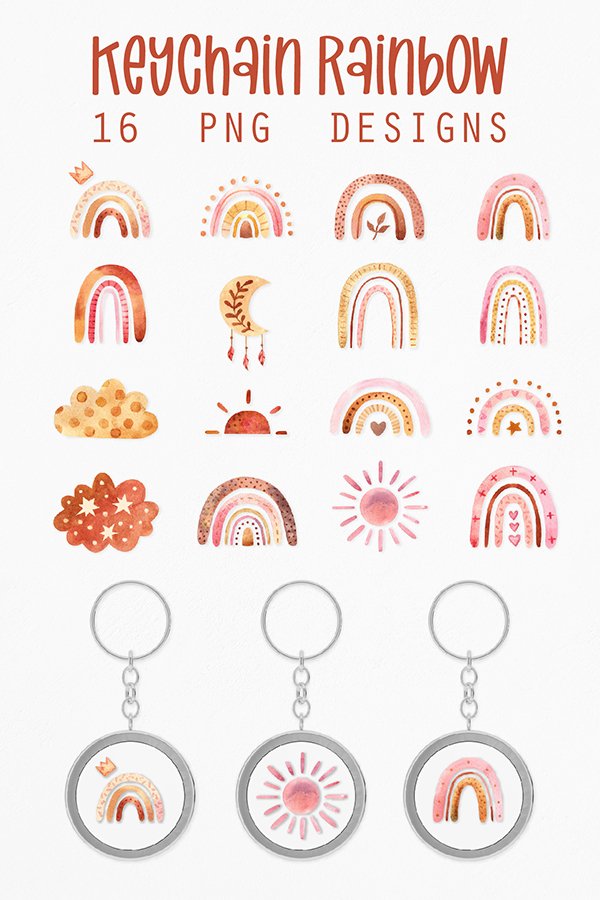 Boho Rainbow Keychain. Rainbow PNG Design Round Key Keychain