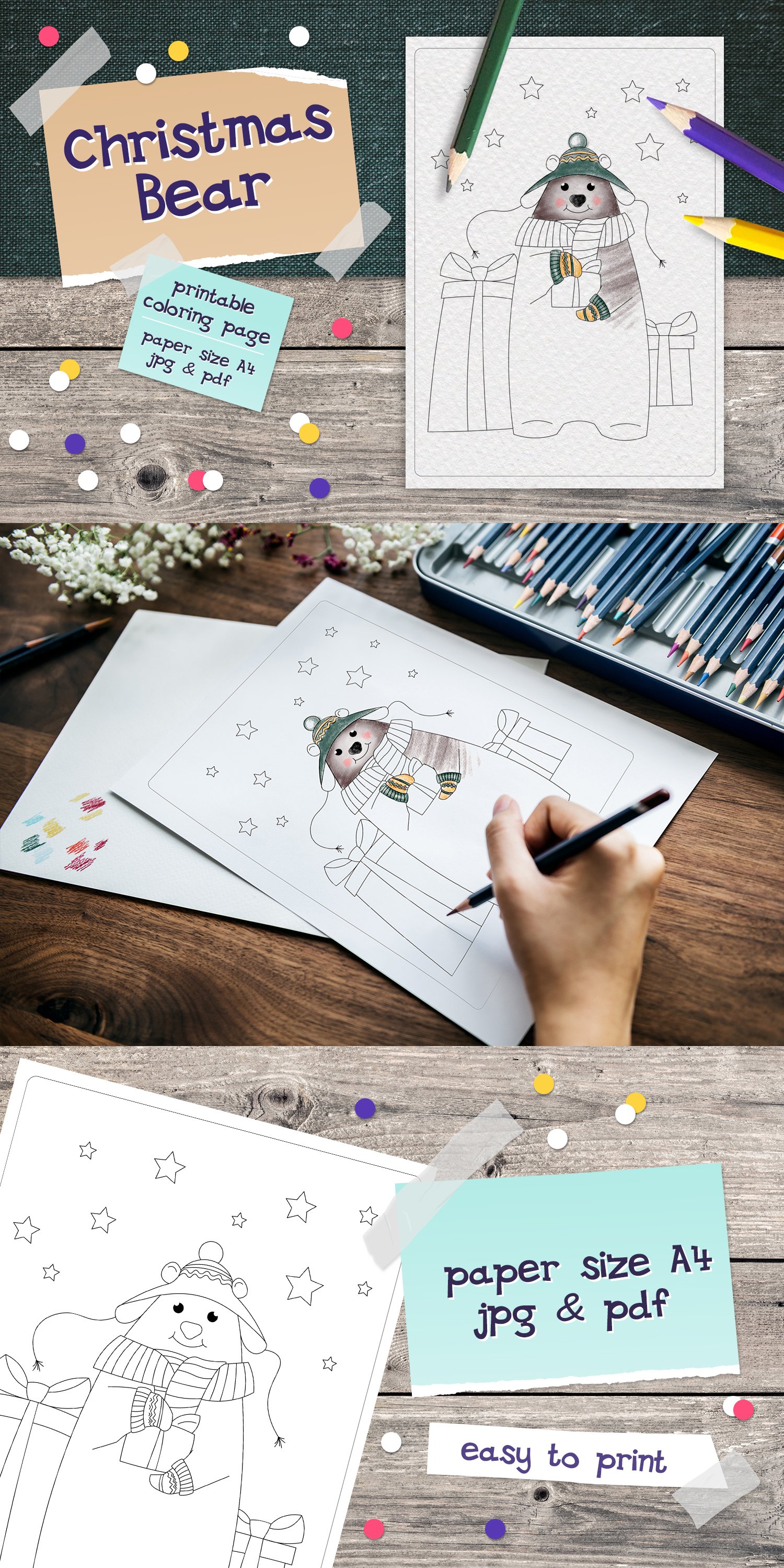 Christmas Coloring Page. Bear&Gifts. Activity Page for KIDS.