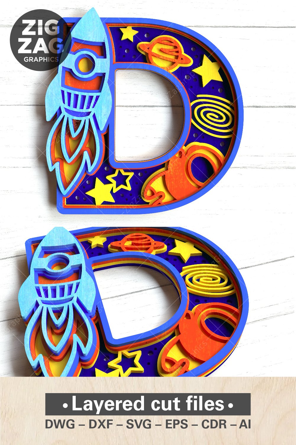 layered kids letter D with space rocket astronaut and stars