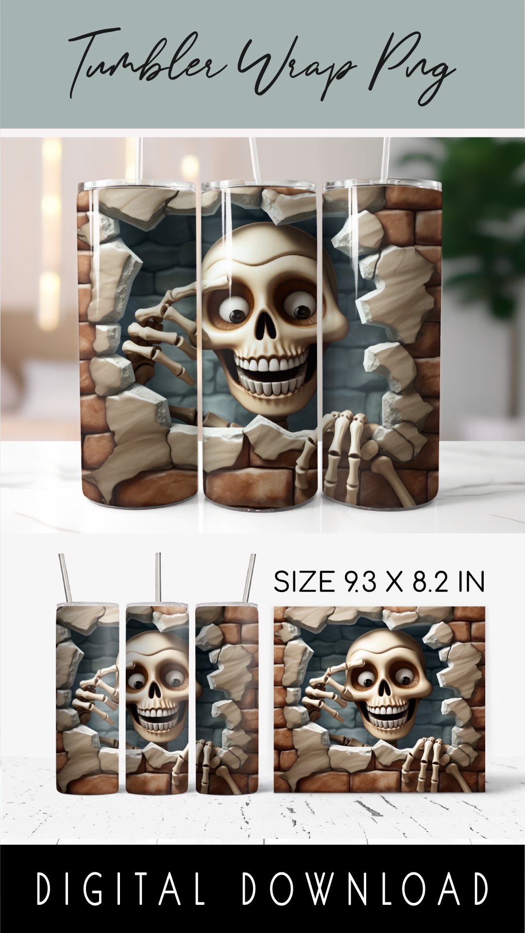 Halloween Skeleton 3D Tumbler Wrap Smashed Wall Sublimation