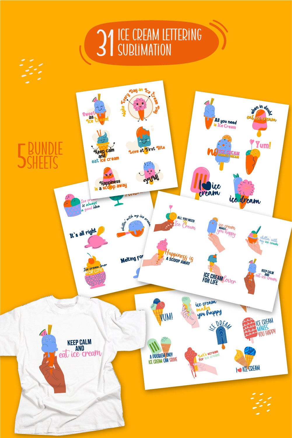 Ice cream lettering hand-drawn sublimation. Bundle 5 sheets