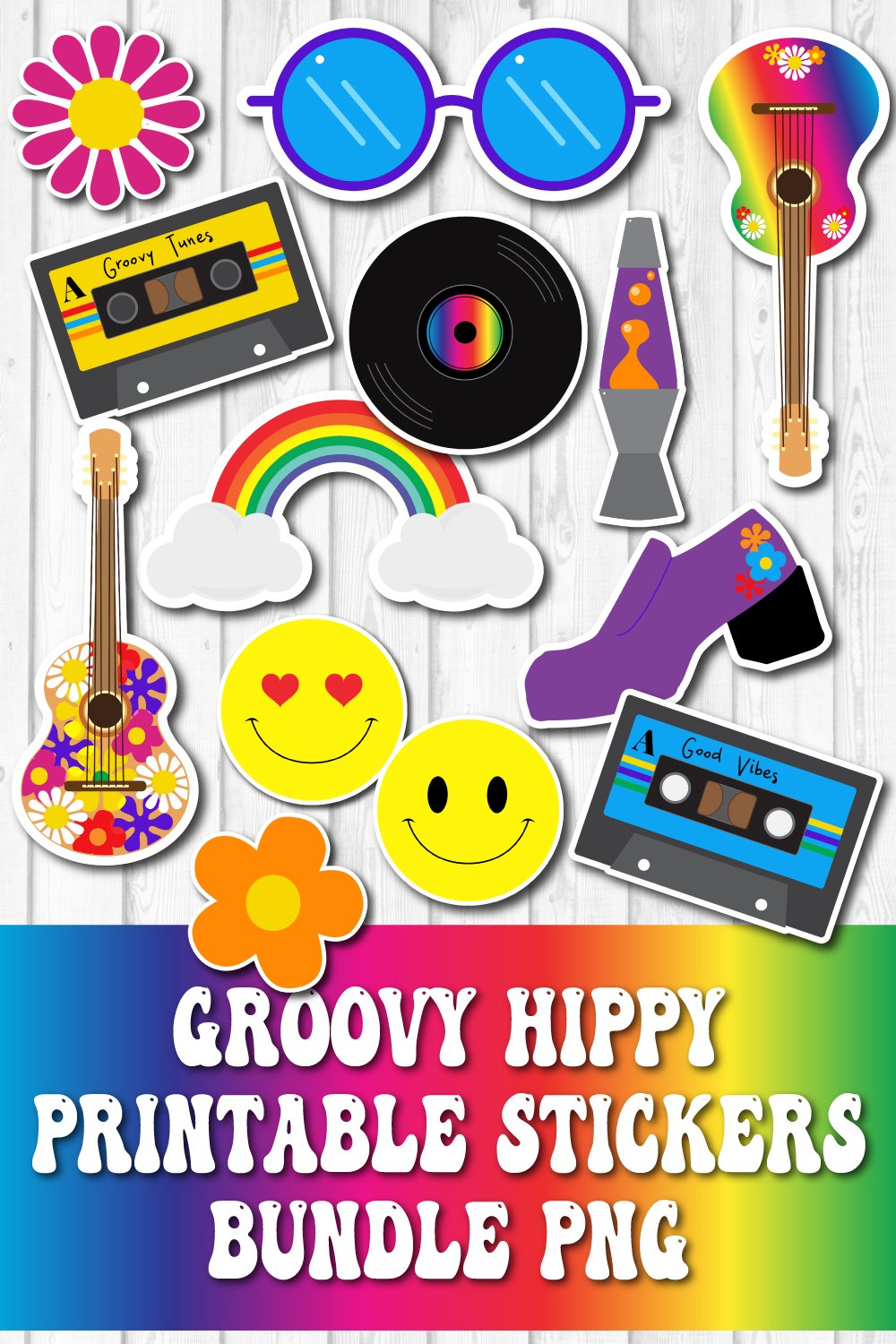 Retro 70s Groovy Hippie Printable Stickers Bundle