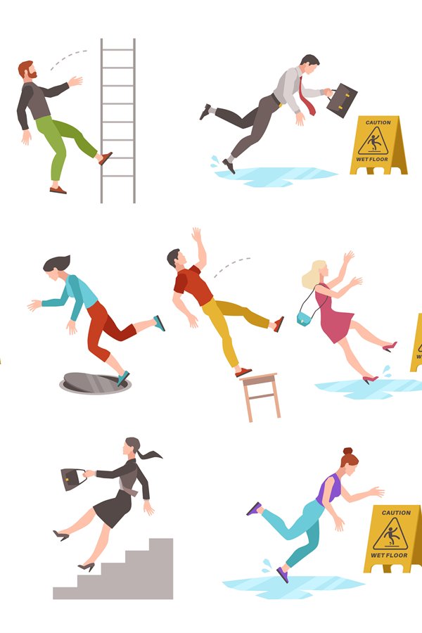 Falling people. People of different ages stumblng and jumpin