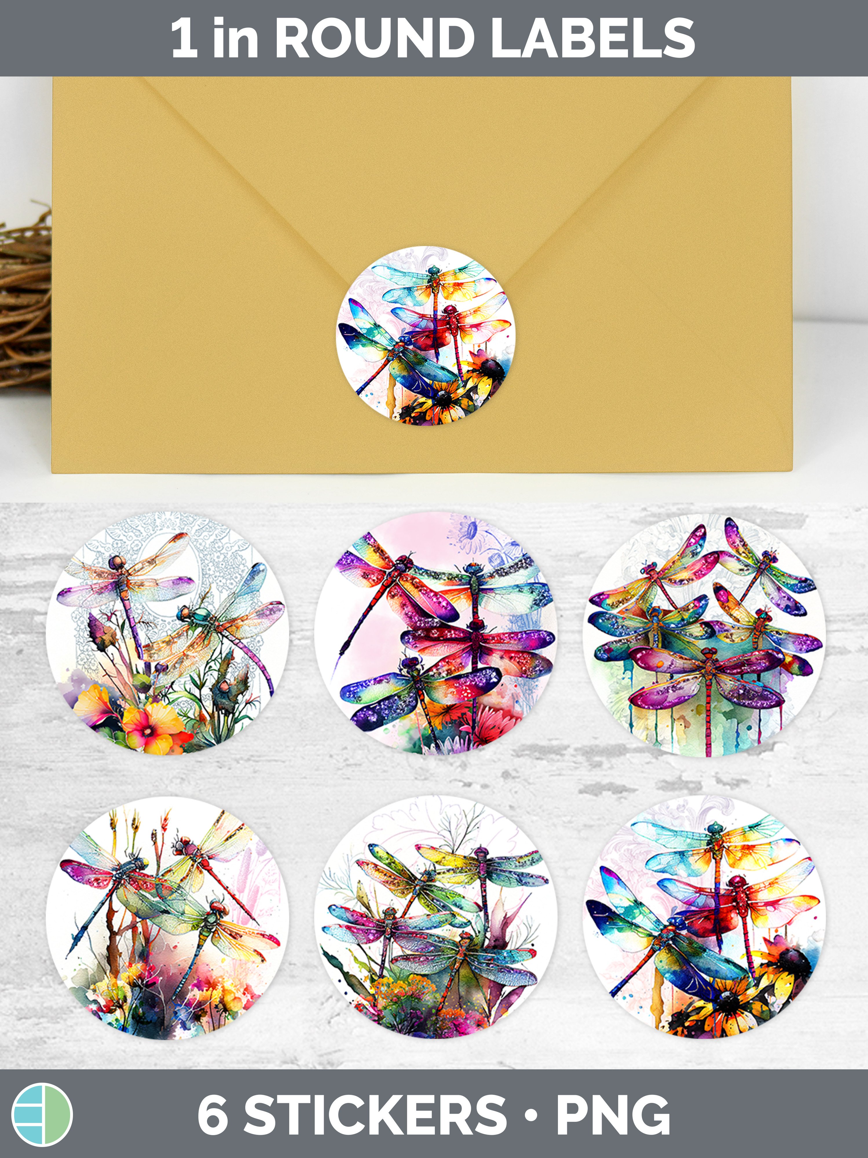 Rainbow Dragonflies Stickers | Round Labels Designs Bundle
