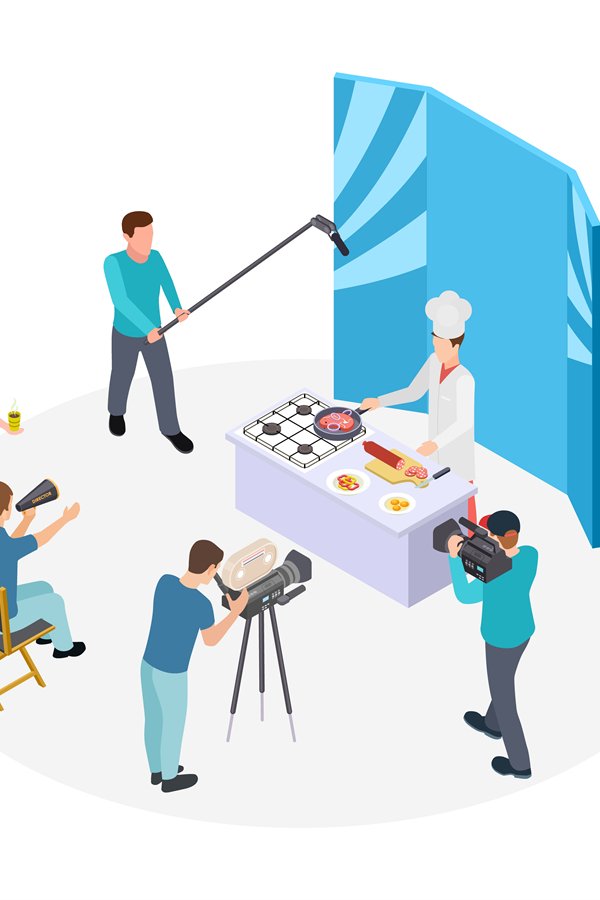 Isometric cooking TV show. Vector chef and film crew. Shooti