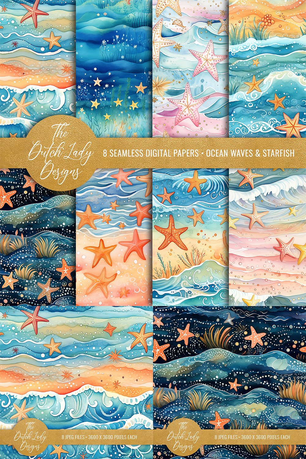 Seamless Ocean Waves & Starfish Patterns