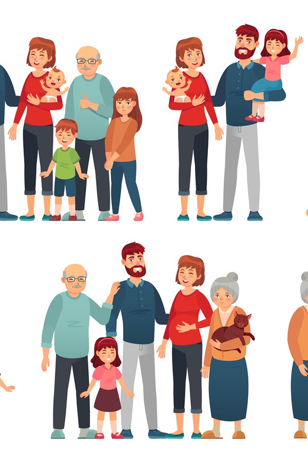 Cartoon family portraits. Happy parents and children portrai