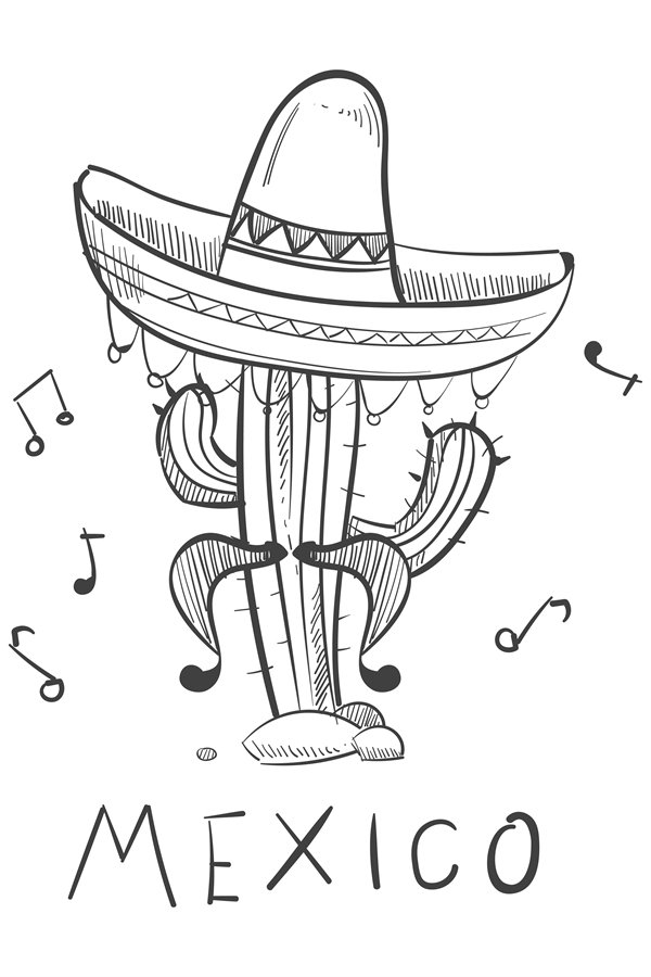 Mexico sketch cactus in sombrero - hand drawn mexican