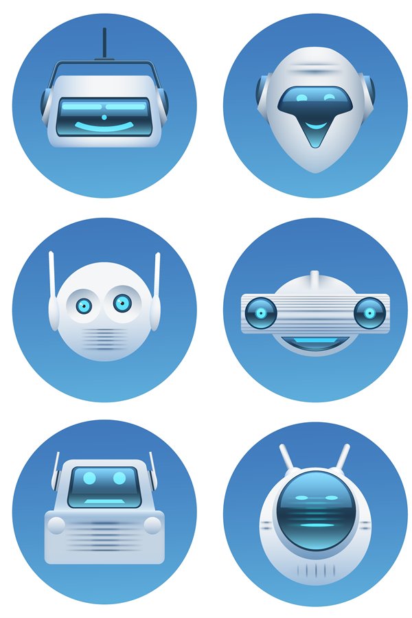 Robot head avatars. Cartoon virtual assistant, chat bot face