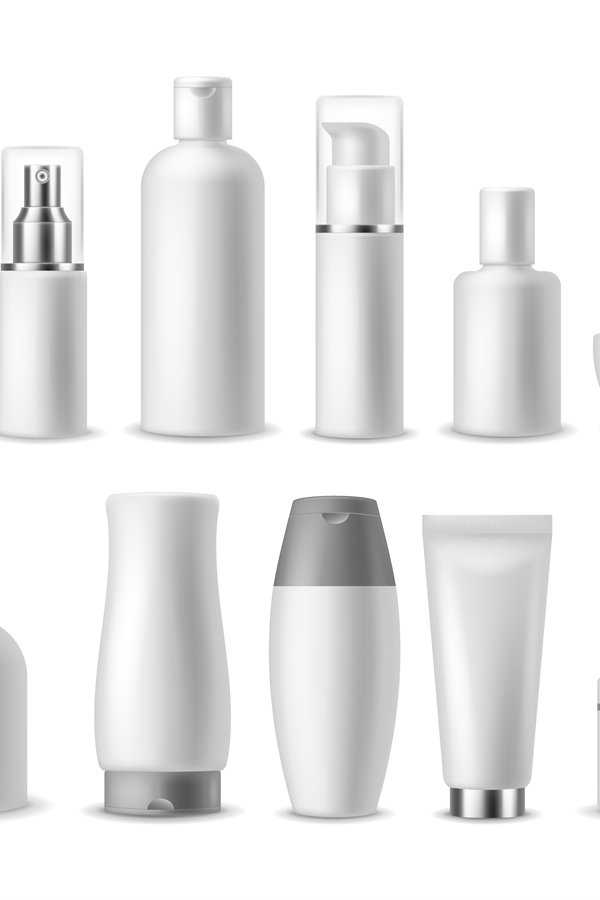 Realistic cosmetic package. White blank cosmetics bottles, c