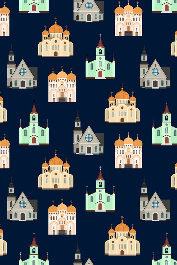 Christian churches seamless pattern. Church buildings backgr