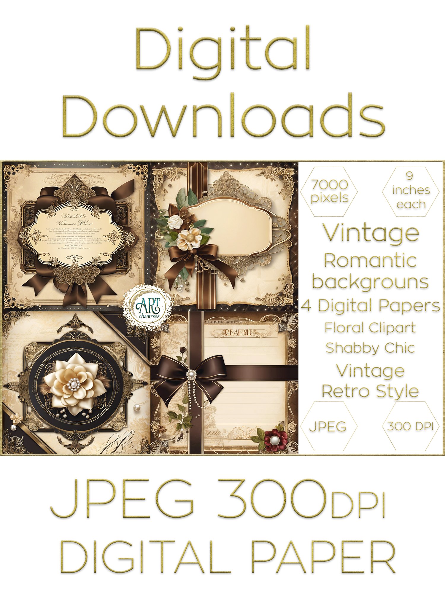 Vintage Floral Chocolate Brown Romantic Retro Digital Papers