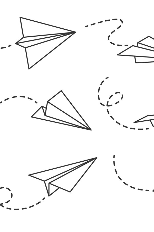 Paper airplane. Outline flying planes from different angles