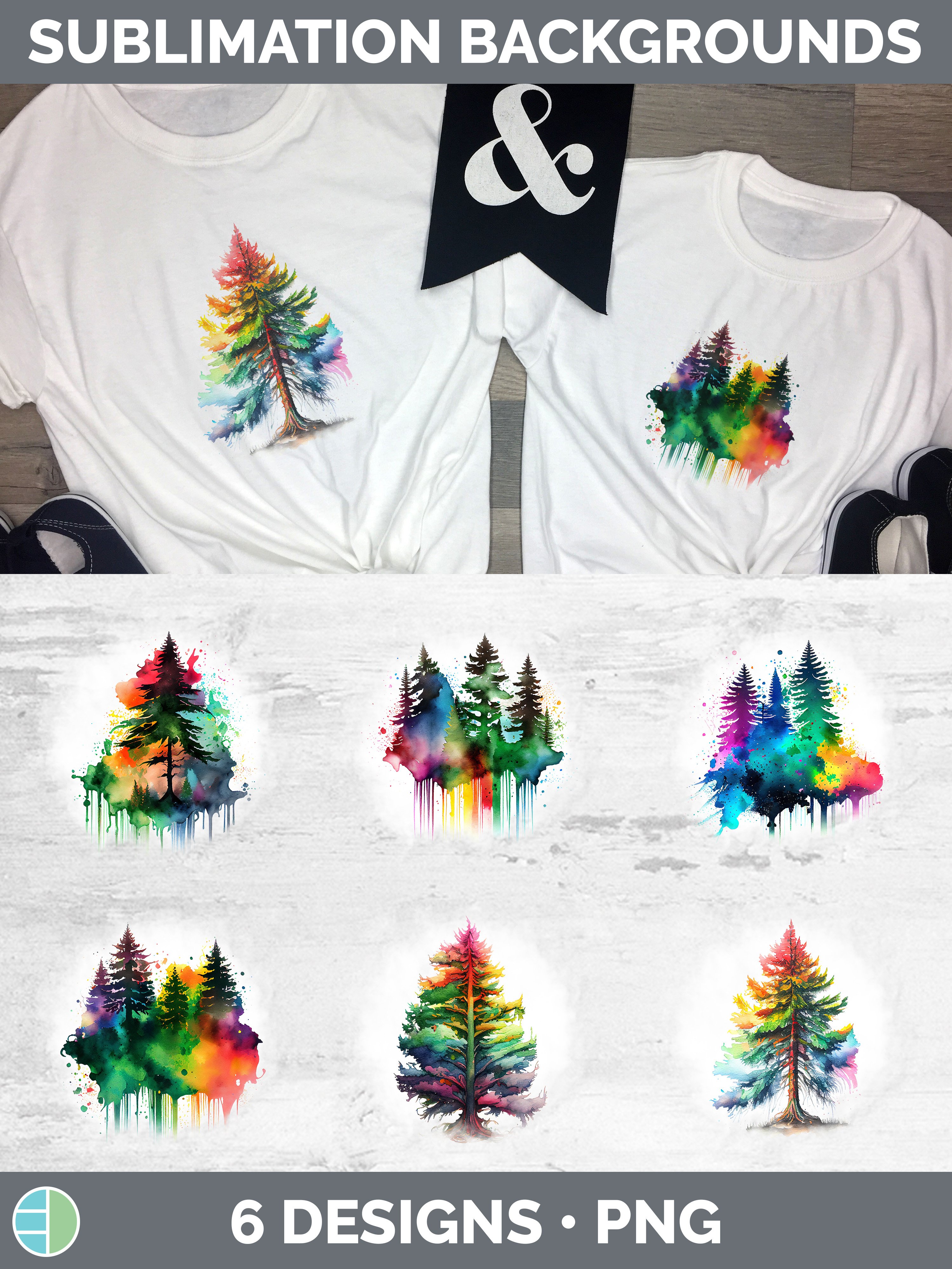 Rainbow Fir Trees Grunge Background | Sublimation Distressed