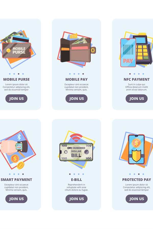 Mobile payments onboarding pages. Web user interface design