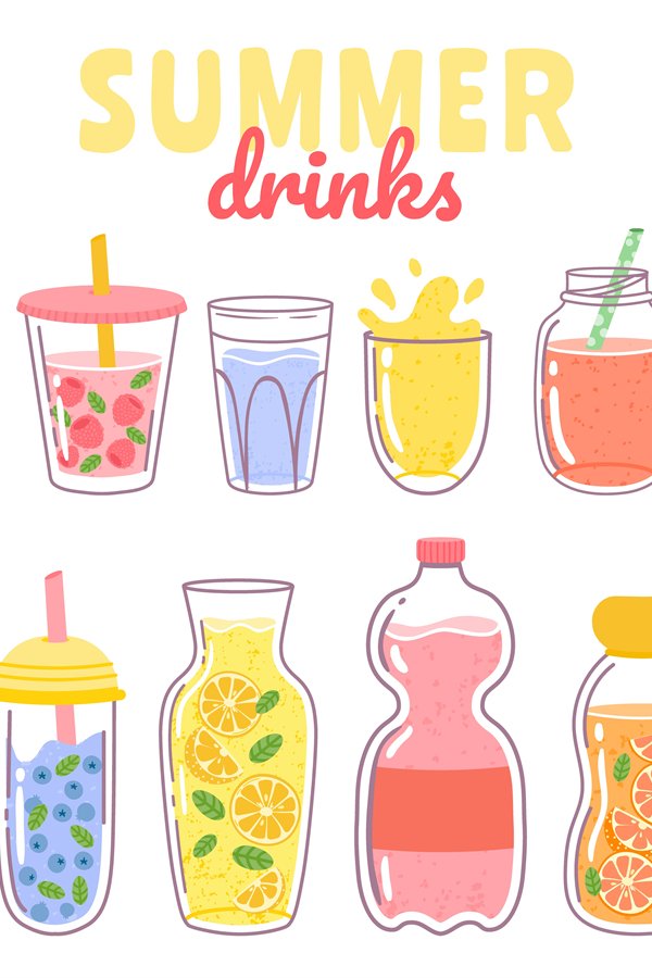 Cartoon juice and lemonade. Refreshing summer drinks with le