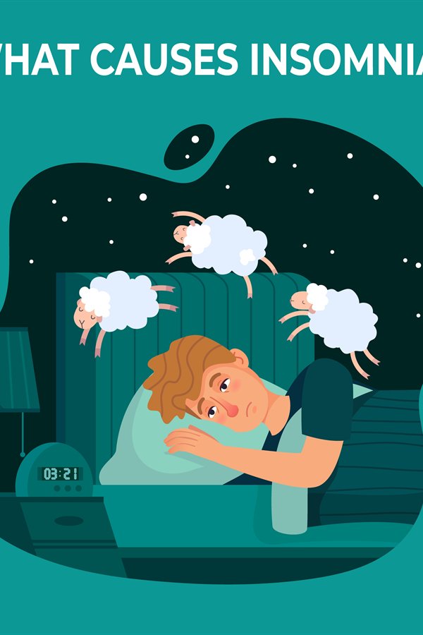 Insomnia causes infographics. Sleeping disorder reasons, man