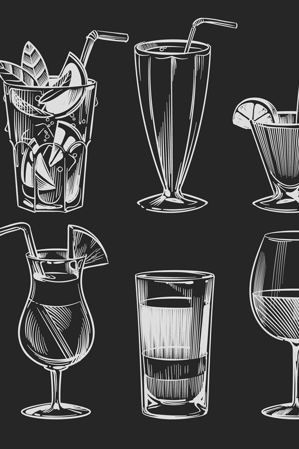 Hand drawn cocktails. Sketch cocktail set on black backgroun
