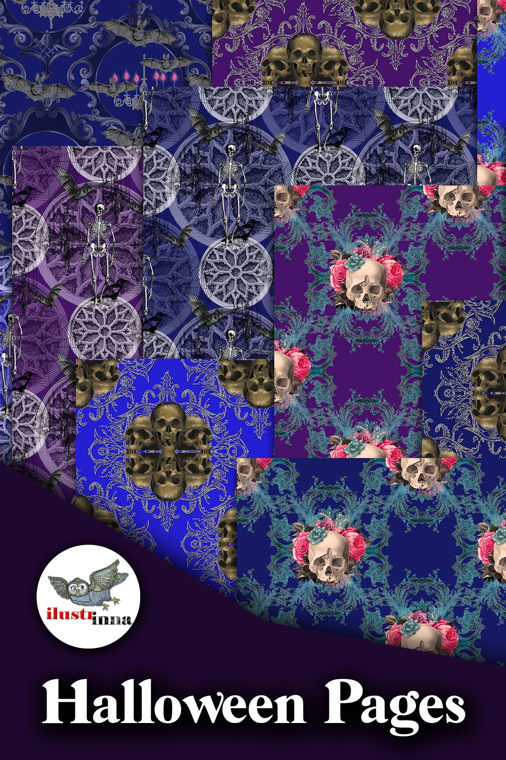 Bright blue and purple printable Halloween seamless patterns