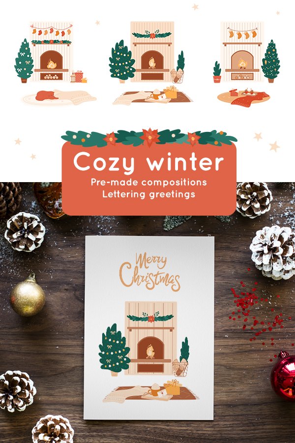 Christmas cozy home. Fireplace clipart, tree, decor, drinks