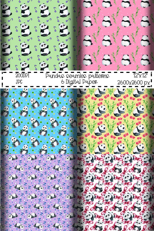 6 Pandas seamless pattern.Watercolor digital paper.Kids