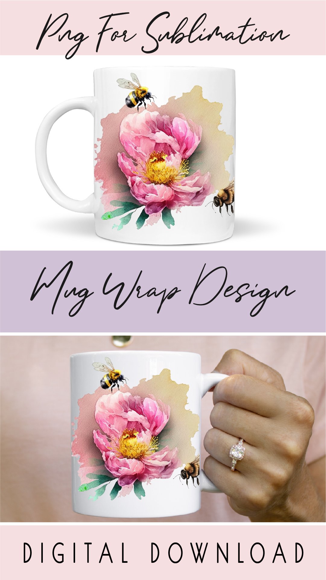 Bees Mug Wrap, Cricut Mug Template Sublimation Wrap Design