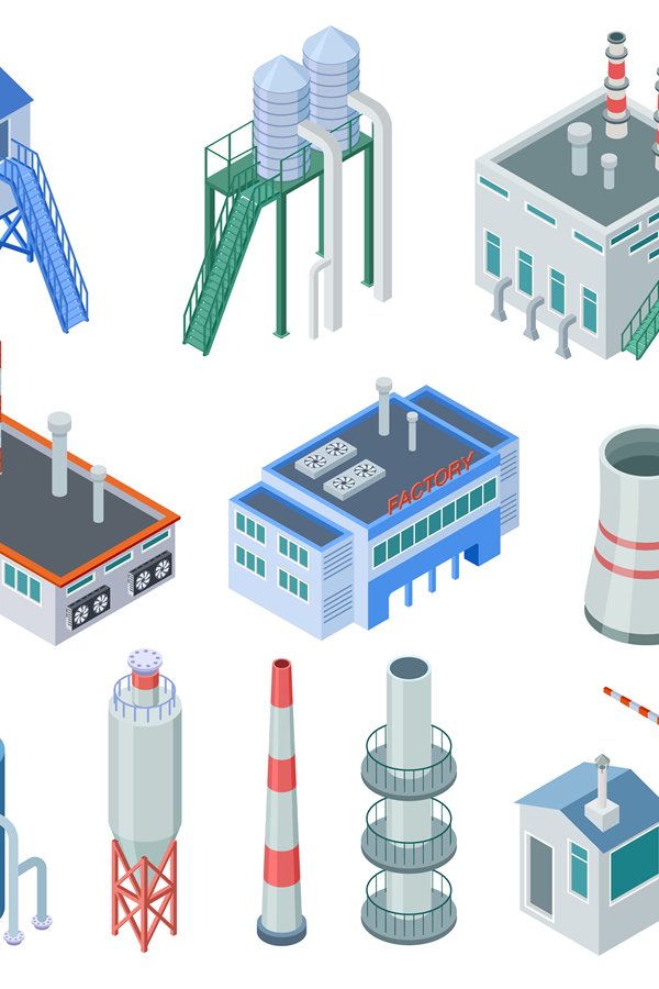Isometric industrial buildings. Factory building power stati