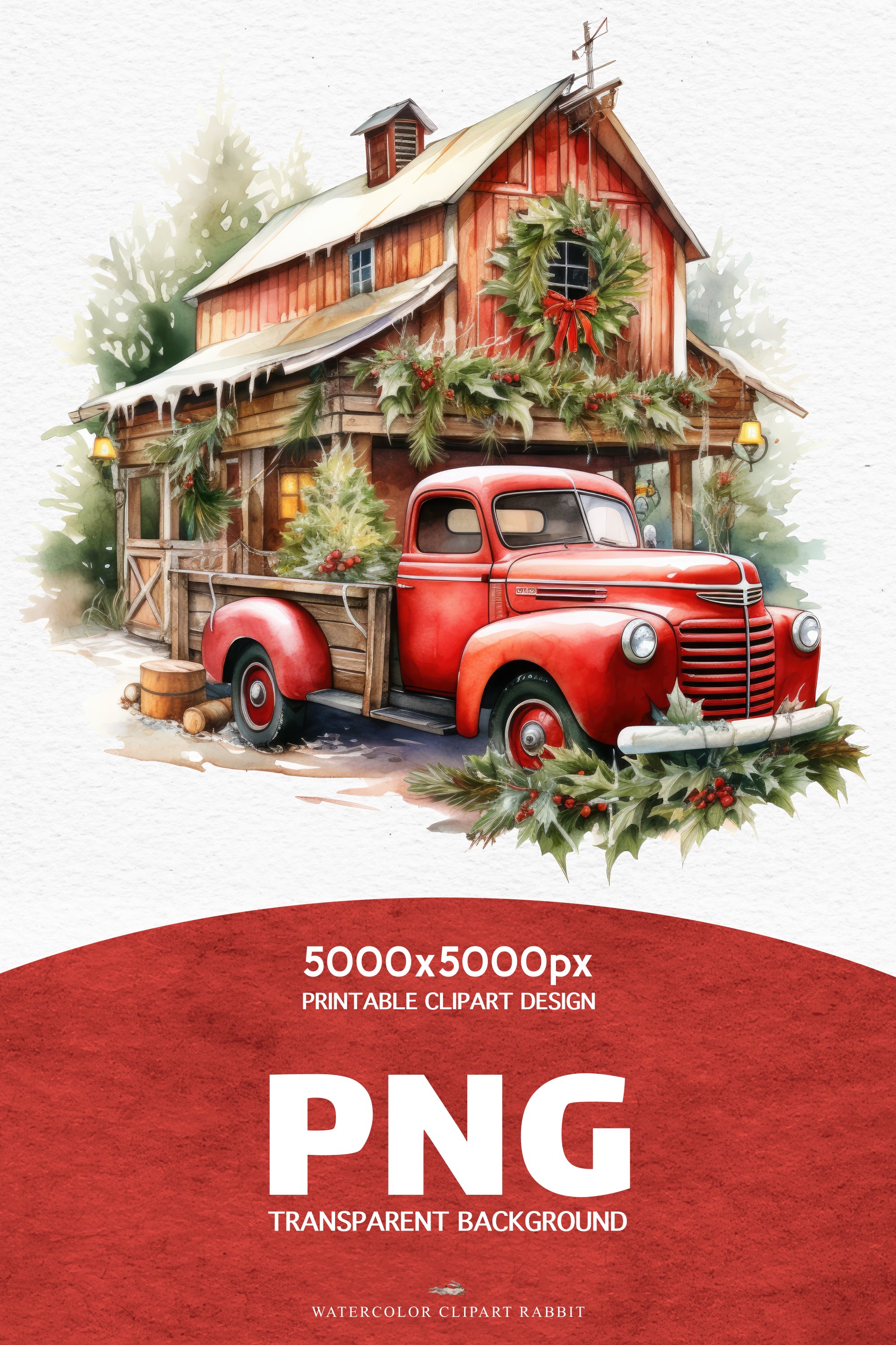 Red Christmas Truck Santa Winter Farm Barn Clipart PNG Files