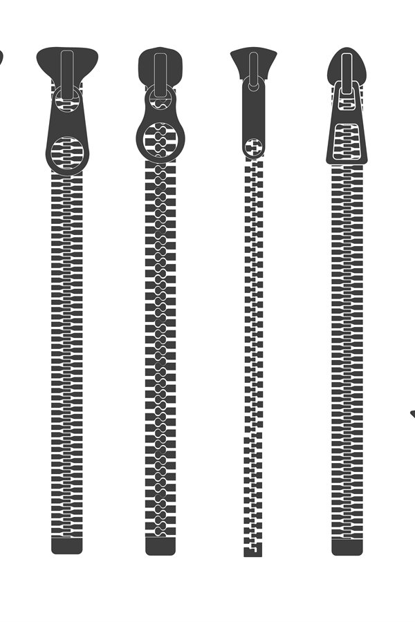 Zip pull icons. Zipper black silhouettes, closed and open zi