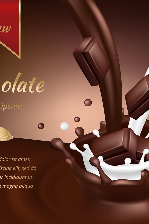 Chocolate advertisement poster. Realistic chocolate and milk