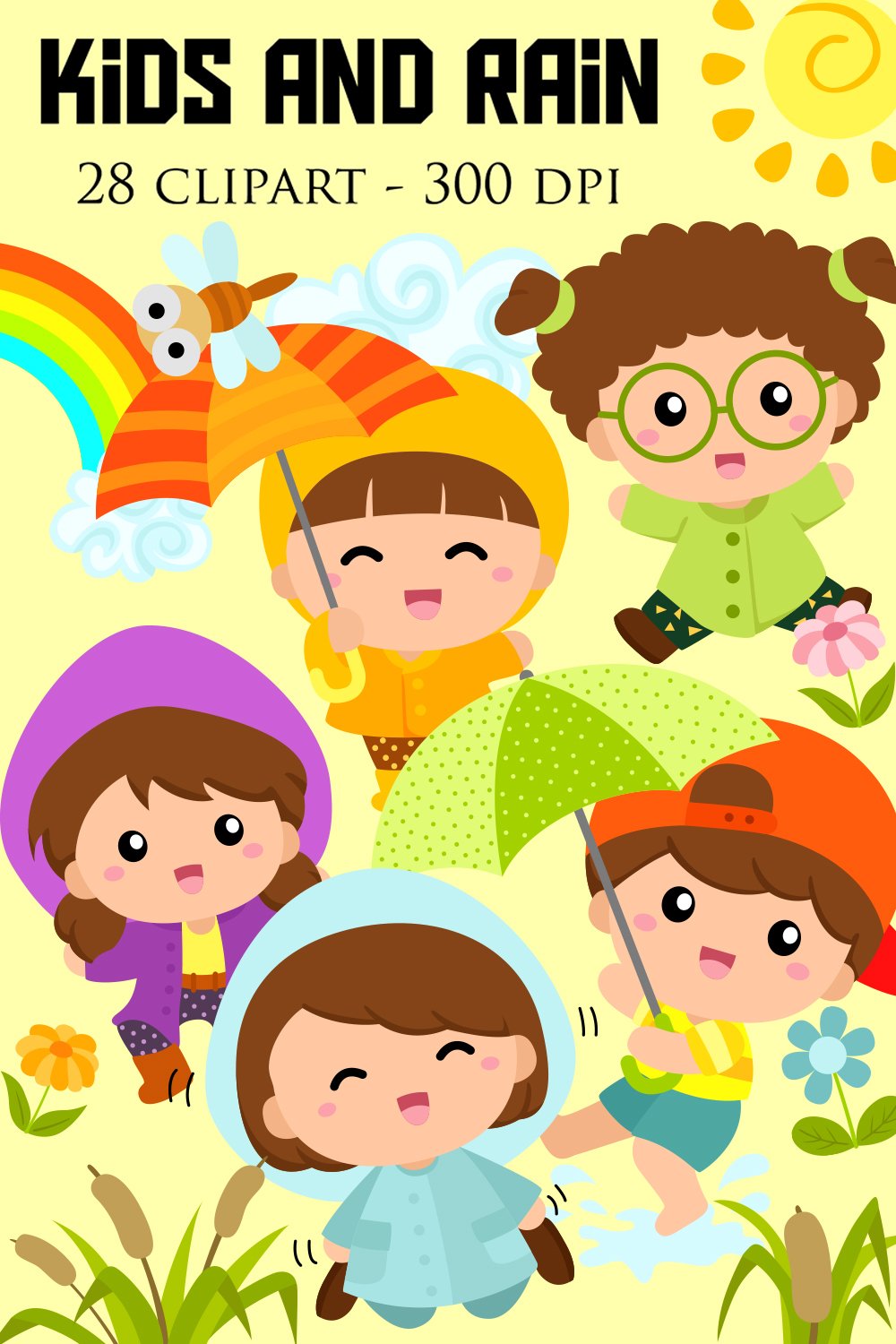 Kids and Rain Playing at Garden Illustration Vector Clipart