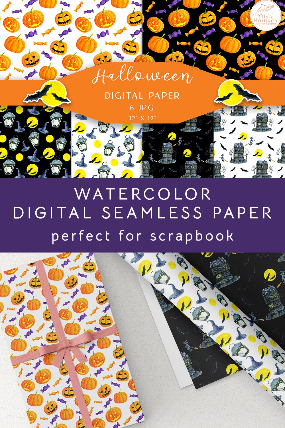 Happy Halloween Digital Paper. Watercolor Seamless Patterns