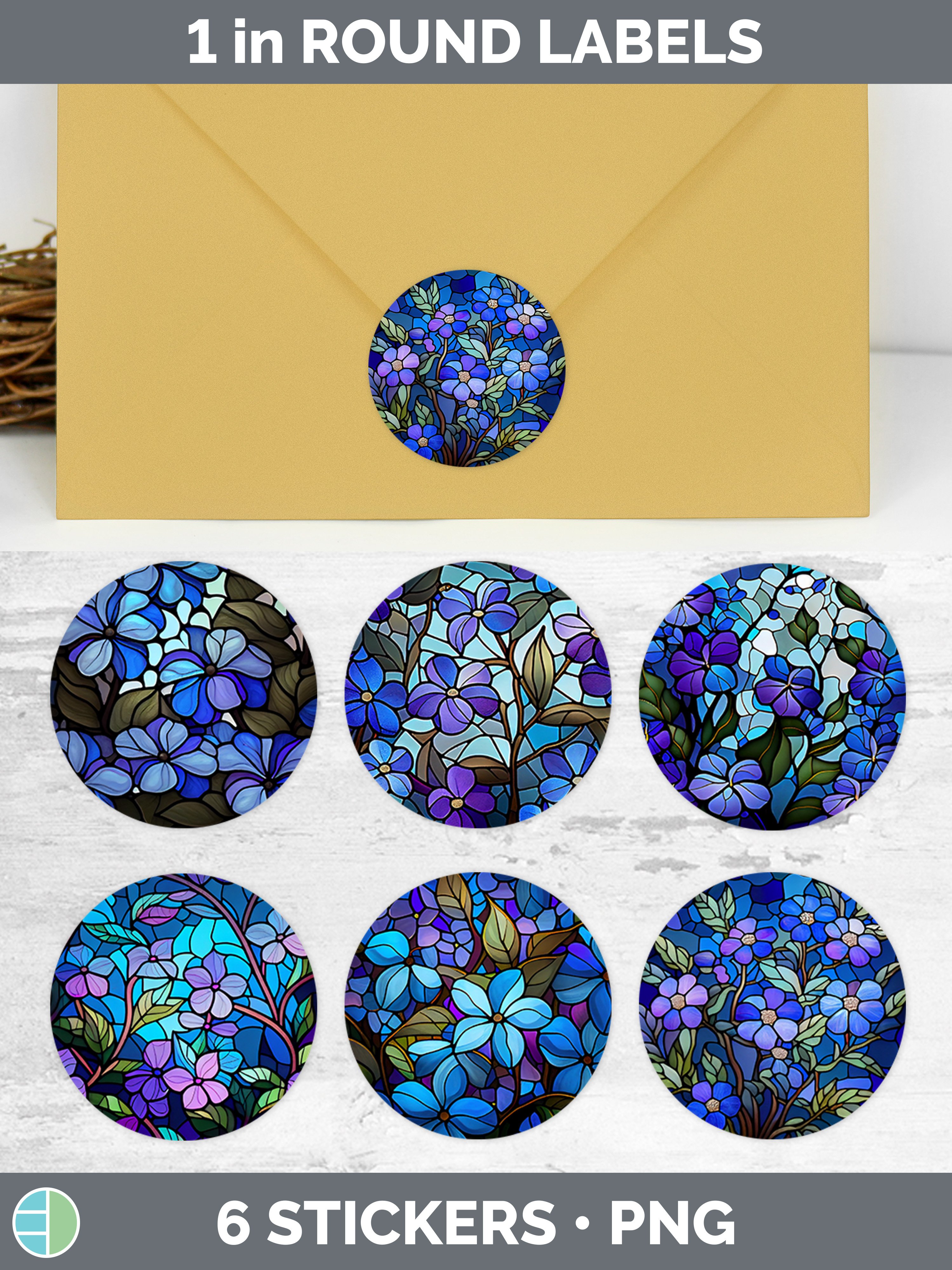Stained Glass Periwinkle Flowers Stickers | Round Labels Des