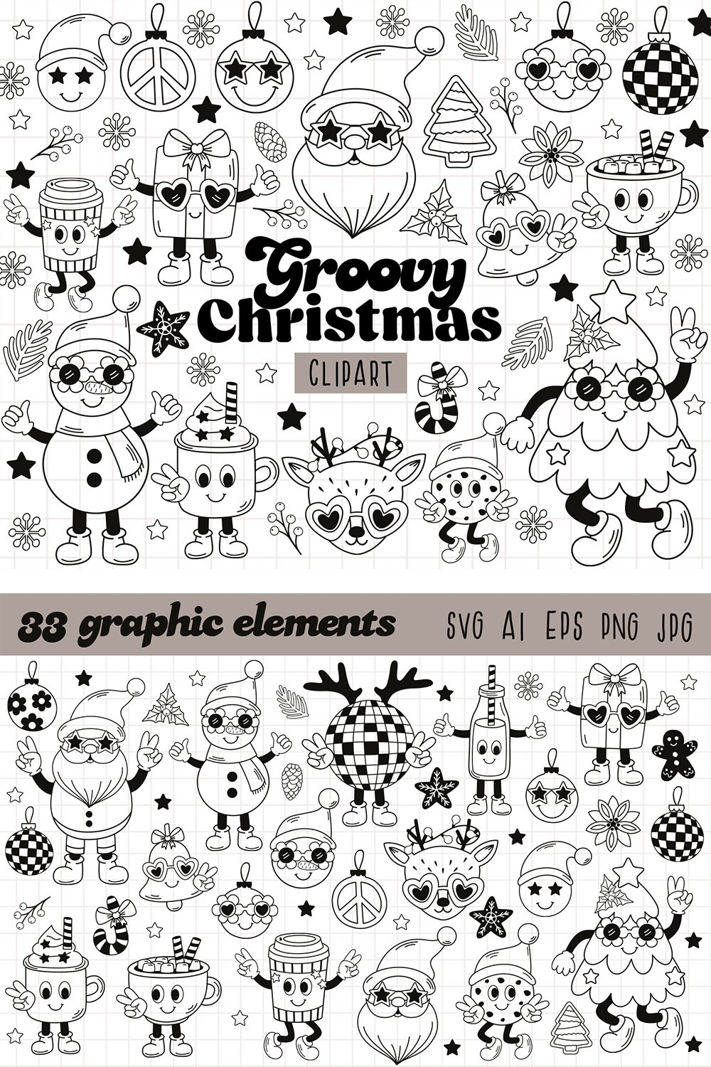 Retro Groovy Christmas Clipart, Hippie Christmas, Cute svg