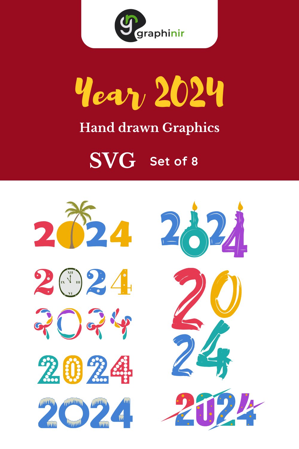 2024 New Year Hand Drawn Graphics for Cards, Banner & Poster