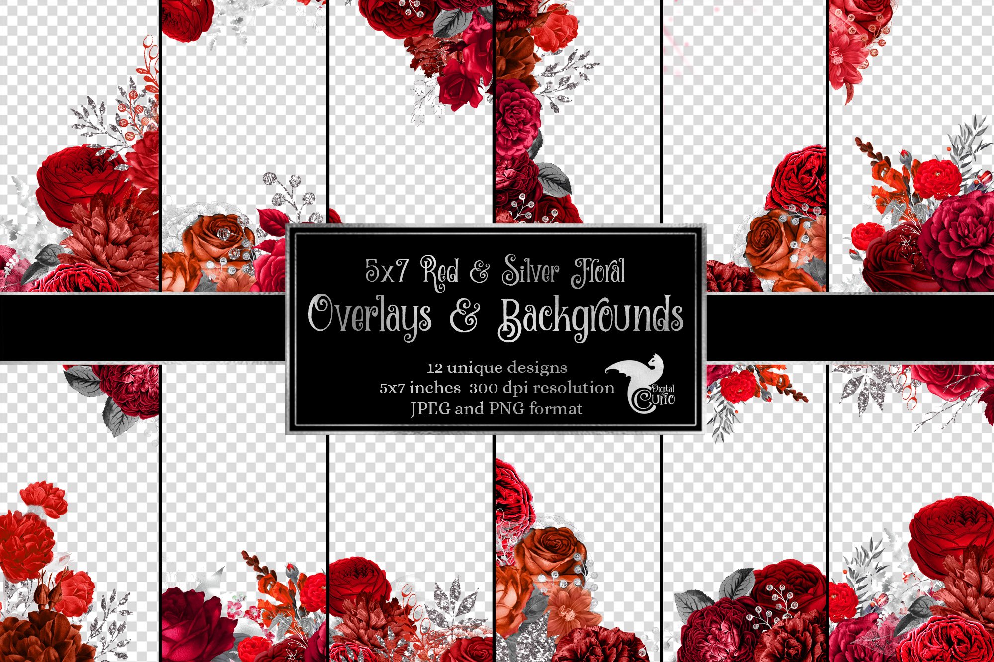 5x7 Red and Silver Floral Overlays