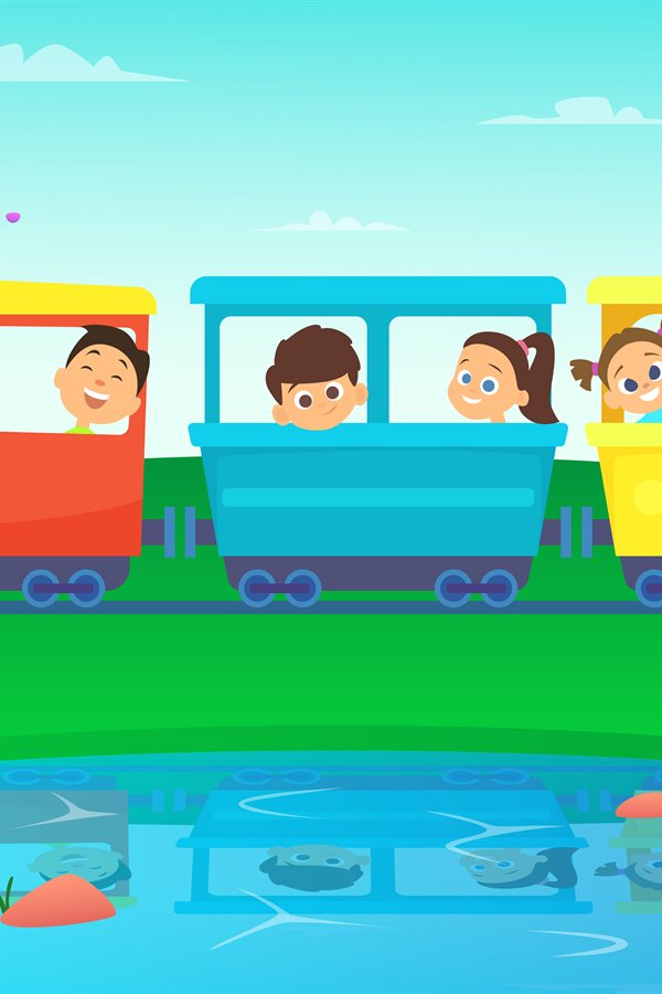 Kids driving a train in fairytale world