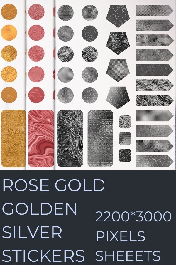 Rose gold, golden, silver stickers in transparent png