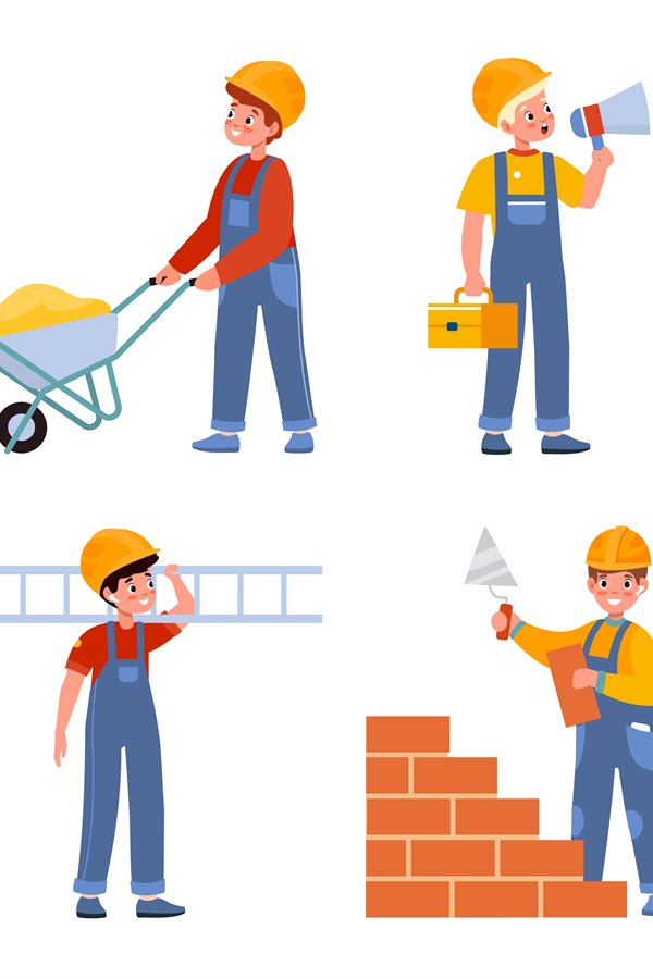Children builders. Engineer characters kids, worker professi