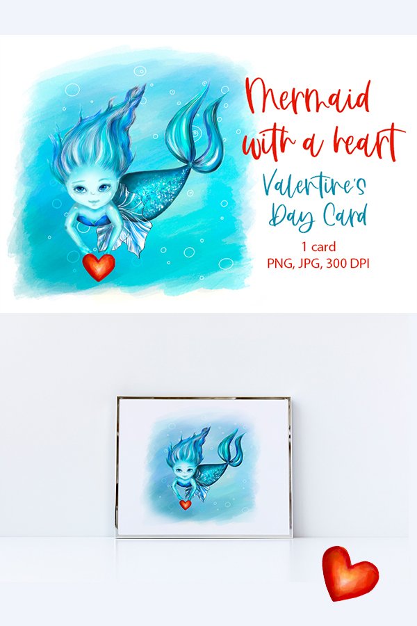 Greeting card with a mermaid and a heart for Valentine's Day