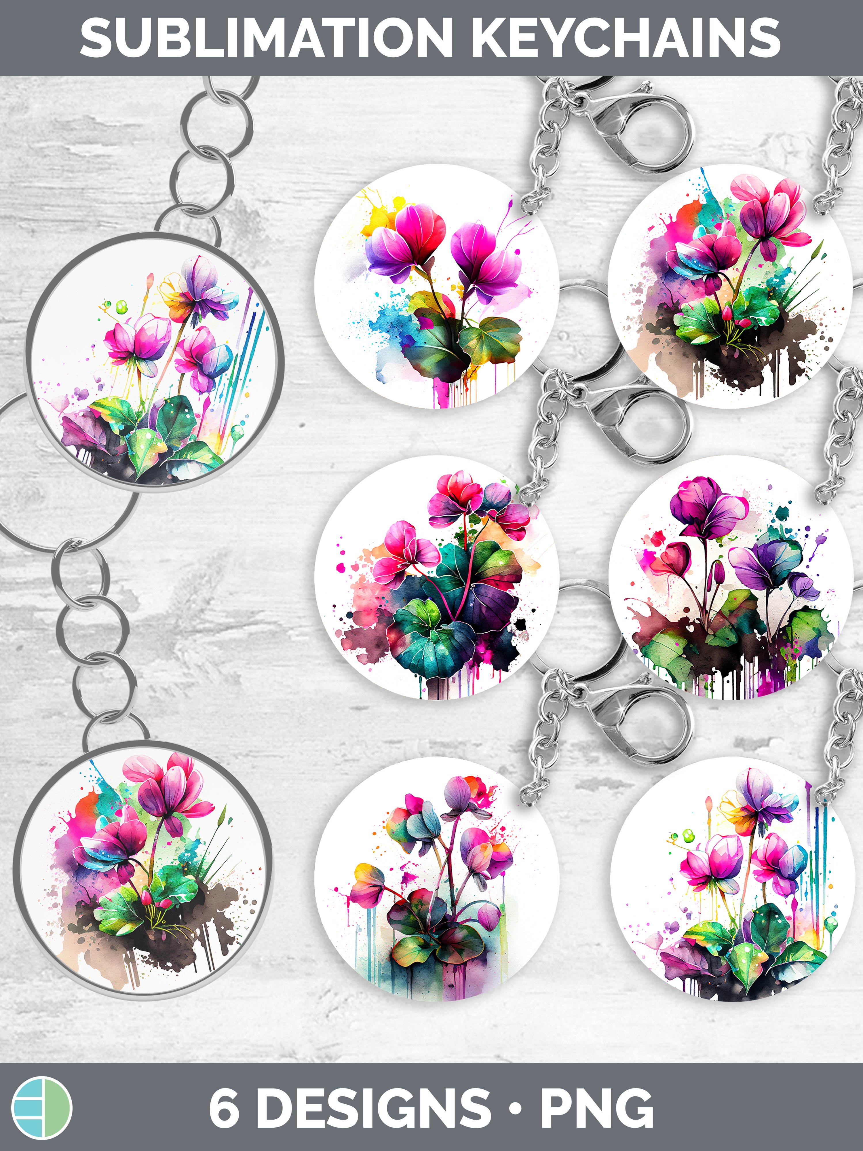 Rainbow Cyclamen Flowers Keychain | Sublimation Keyring Desi
