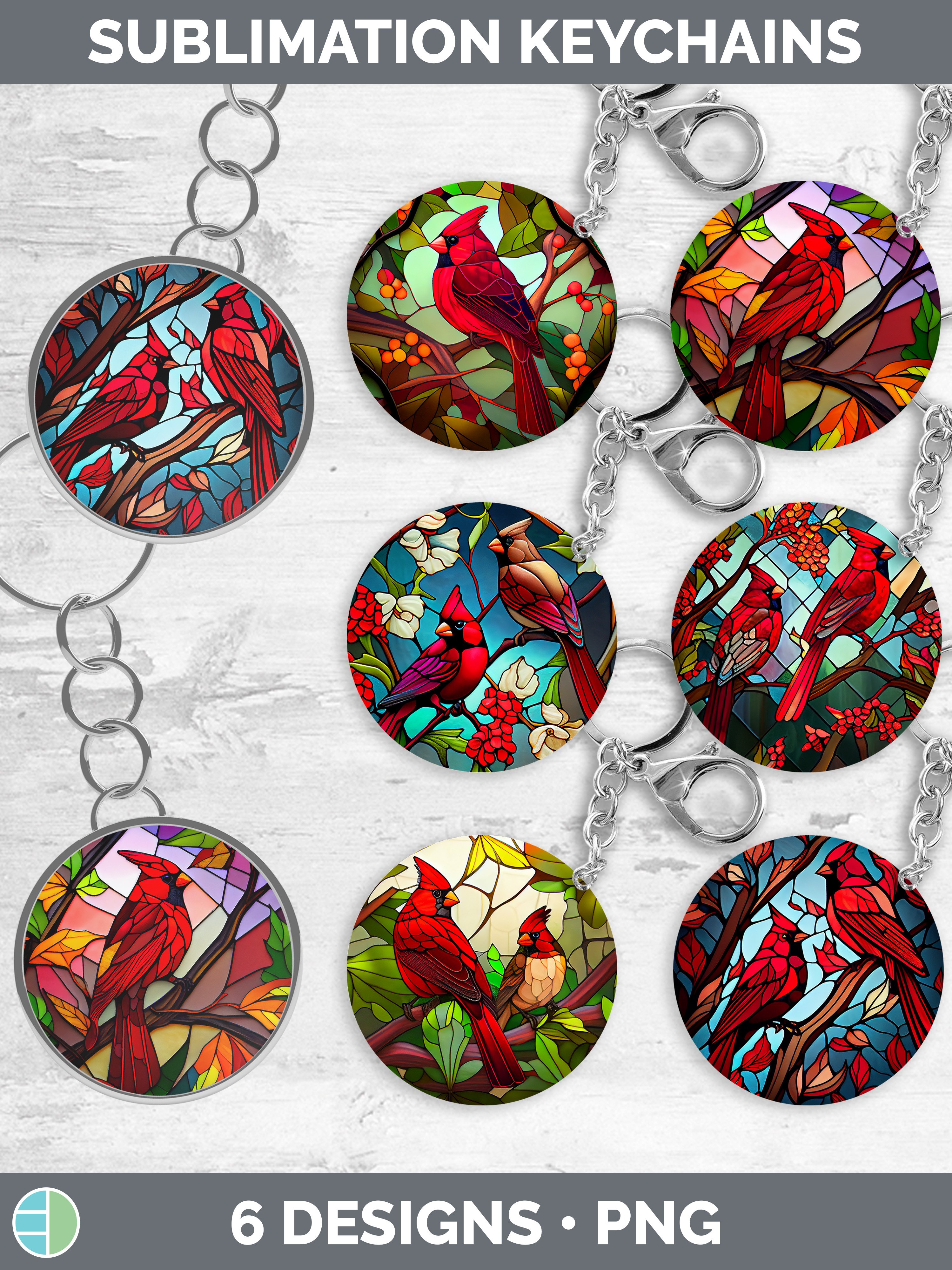 Stained Glass Cardinal Keychain Bundle | Keyring Sublimation