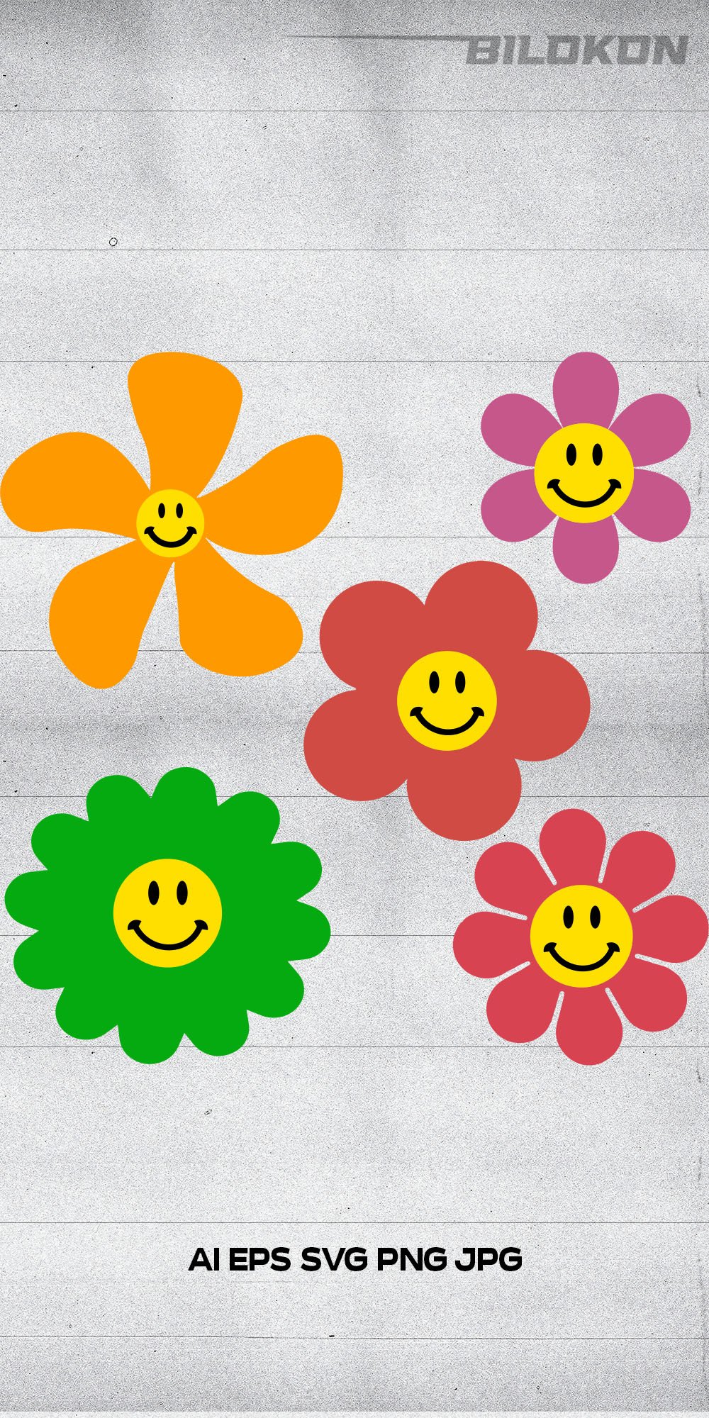 Cartoon flowers with emoticon set, SVG Vector