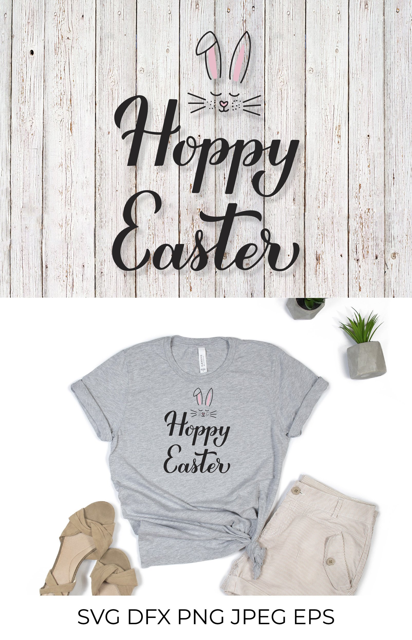 Hoppy Easter lettering. Easter pun, bunny muzzle and ears