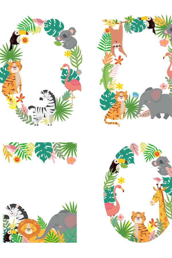 Cartoon animals frame. Jungle animal in tropical leaves, cut