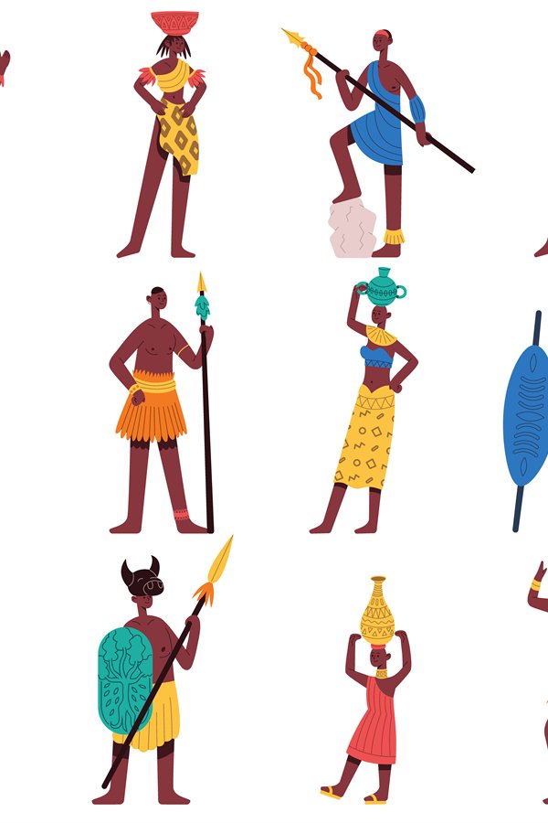 African characters. Tribe male and female people, black char