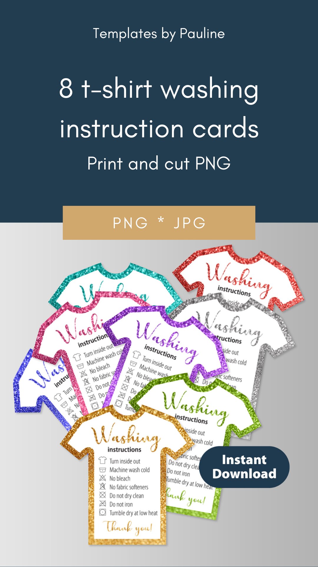 Print then cut tshirt washing instructions card, PNG bundle.