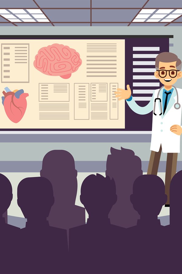 Medical conference vector illustration. Smiling doctor makes